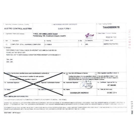 AOA Stall Warning Computer C-11606-8, AOA, Stall Warning Computer